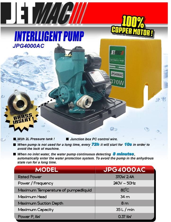 JETMAC JPG4000AC INTELLIGENT WATER PUMP WITH COVER 370W (FOR OUTDOOR)