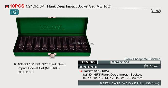 Toptul GDAD1002 Impact Socket Set 1/2" Metric Deep 10 Piece