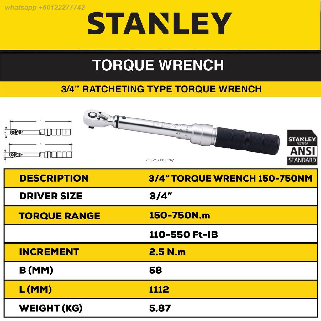 Stanley STMT73592-8:3/4″Drive Torque Wrench,Torque Range 150-750Nm /110 ...