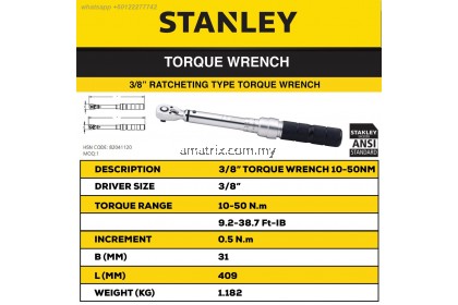 Stanley STMT73589-8:Torque Wrench, 1/2″ Drive, Torque Range 20-100Nm ...