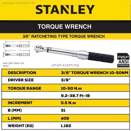 Stanley STMT73590-8:Torque Wrench, 1/2″ Drive, Torque Range 40-200Nm / 33.2-151.2 ft-lb Dual ...