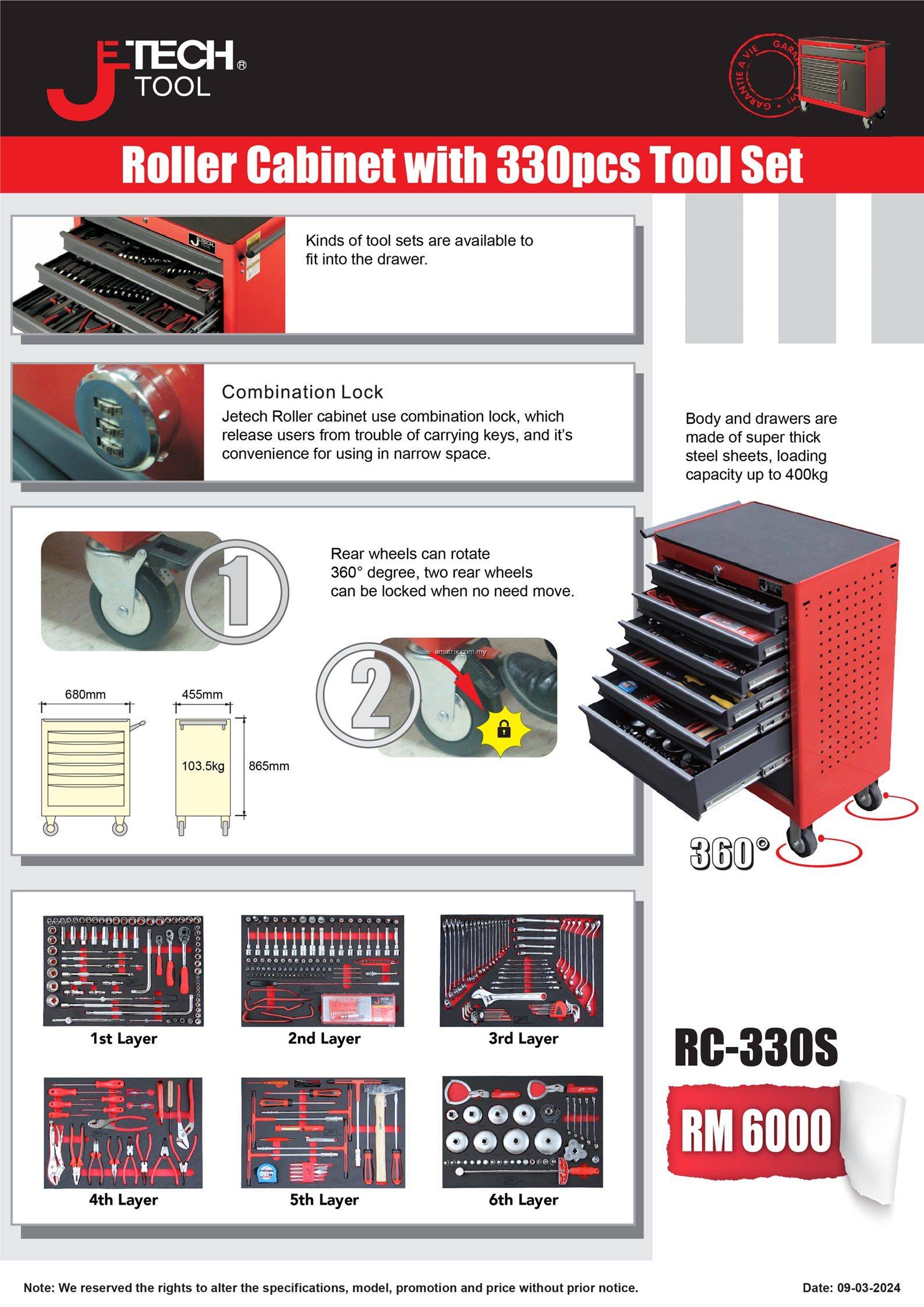 jetech RC-330-S Roller Cabinet with 330pcs Tool Set